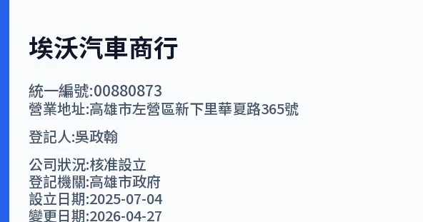 埃沃汽車商行的照片-統編 00880873(高雄市) 公司登記資料與營業項目詳細圖表