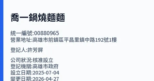 喬一鍋燒麵麵的照片-統編 00880965(高雄市) 公司登記資料與營業項目詳細圖表