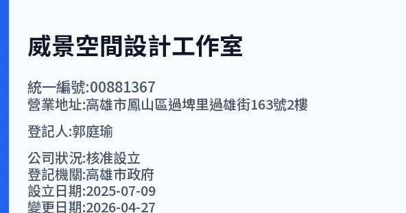 威景空間設計工作室的照片-統編 00881367(高雄市) 公司登記資料與營業項目詳細圖表