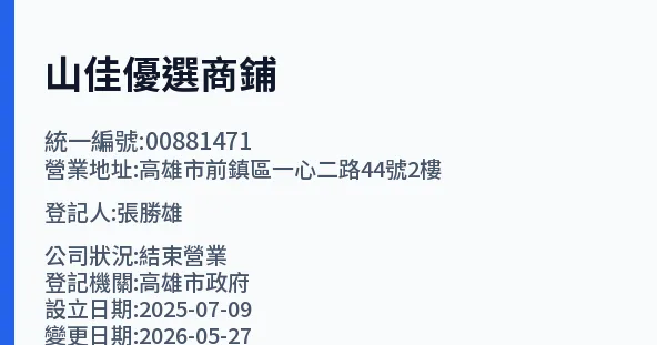山佳優選商鋪的照片-統編 00881471(高雄市) 公司登記資料與營業項目詳細圖表