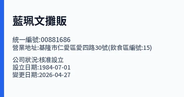 藍珮文攤販的照片-統編 00881686(基隆市) 公司登記資料與營業項目詳細圖表