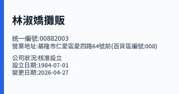 林淑嬌攤販的照片-統編 00882003(基隆市) 公司登記資料與營業項目詳細圖表