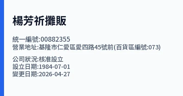 楊芳祈攤販的照片-統編 00882355(基隆市) 公司登記資料與營業項目詳細圖表