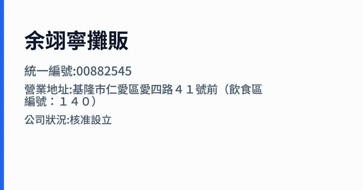 余翊寧攤販 - 統編 00882545(基隆市) 公司登記資料與營業項目詳細圖表
