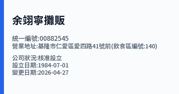 余翊寧攤販的照片-統編 00882545(基隆市) 公司登記資料與營業項目詳細圖表