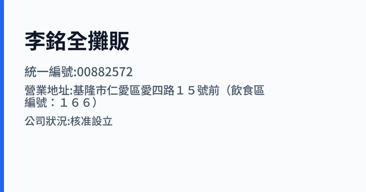 李銘全攤販 - 統編 00882572(基隆市) 公司登記資料與營業項目詳細圖表