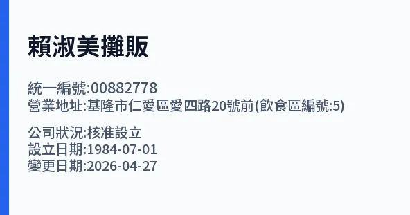 賴淑美攤販的照片-統編 00882778(基隆市) 公司登記資料與營業項目詳細圖表