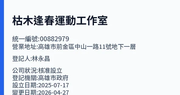 枯木逢春運動工作室的照片-統編 00882979(高雄市) 公司登記資料與營業項目詳細圖表