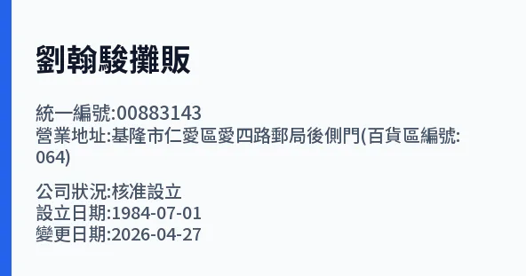 劉翰駿攤販的照片-統編 00883143(基隆市) 公司登記資料與營業項目詳細圖表