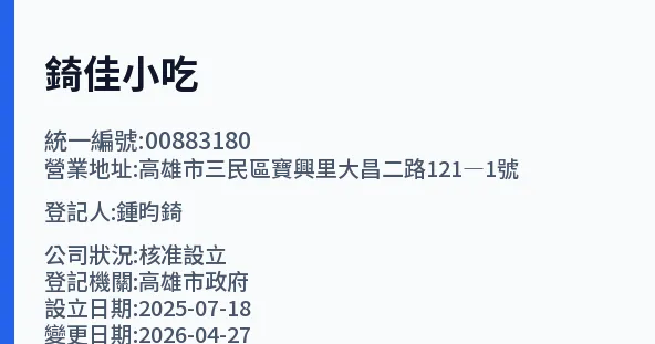 錡佳小吃的照片-統編 00883180(高雄市) 公司登記資料與營業項目詳細圖表