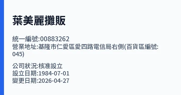 葉美麗攤販的照片-統編 00883262(基隆市) 公司登記資料與營業項目詳細圖表