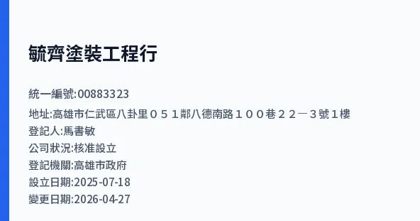毓齊塗裝工程行的照片-統編 00883323(高雄市) 公司登記資料與營業項目詳細圖表
