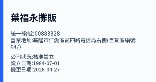 葉福永攤販的照片-統編 00883328(基隆市) 公司登記資料與營業項目詳細圖表