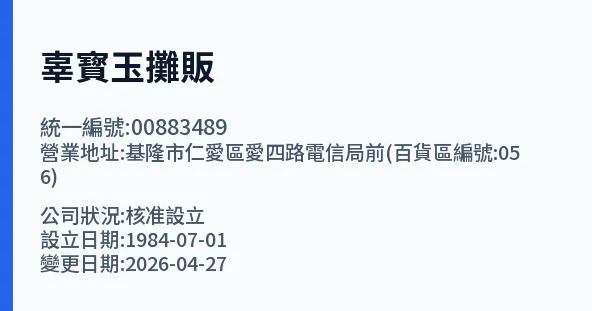 辜寳玉攤販的照片-統編 00883489(基隆市) 公司登記資料與營業項目詳細圖表