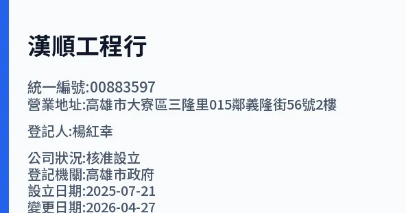 漢順工程行的照片-統編 00883597(高雄市) 公司登記資料與營業項目詳細圖表