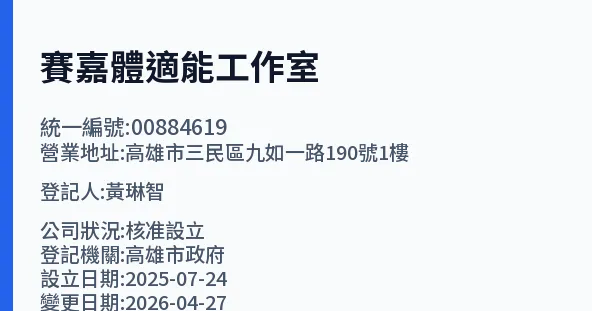 賽嘉體適能工作室的照片-統編 00884619(高雄市) 公司登記資料與營業項目詳細圖表