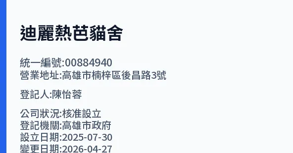 迪麗熱芭貓舍的照片-統編 00884940(高雄市) 公司登記資料與營業項目詳細圖表