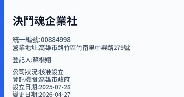 決鬥魂企業社的照片-統編 00884998(高雄市) 公司登記資料與營業項目詳細圖表