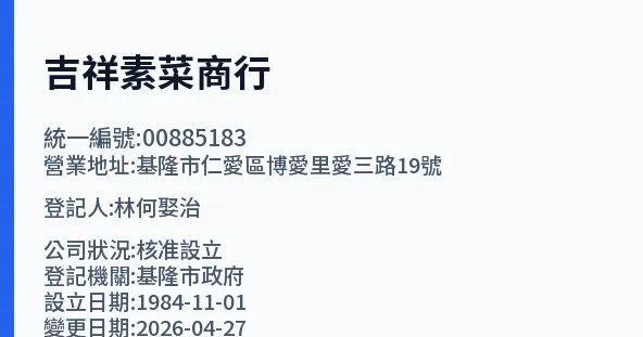 吉祥素菜商行的照片-統編 00885183(基隆市) 公司登記資料與營業項目詳細圖表