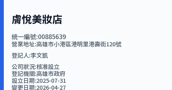 膚悅美妝店的照片-統編 00885639(高雄市) 公司登記資料與營業項目詳細圖表