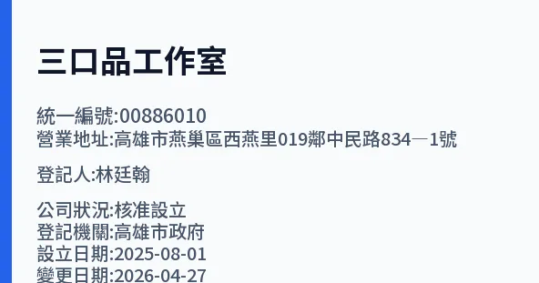 三口品工作室的照片-統編 00886010(高雄市) 公司登記資料與營業項目詳細圖表