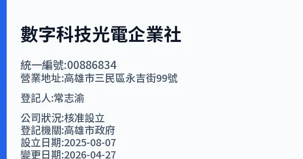 數字科技光電企業社的照片-統編 00886834(高雄市) 公司登記資料與營業項目詳細圖表