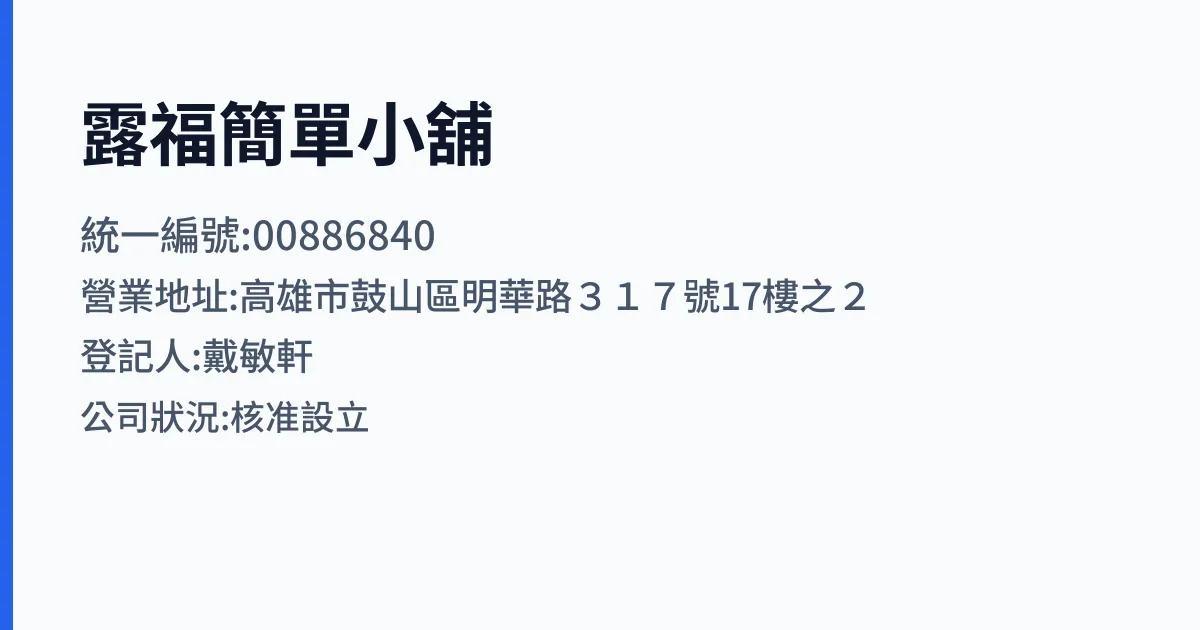 露福簡單小舖 - 統編 00886840(高雄市) 公司登記資料與營業項目詳細圖表