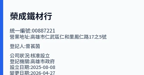 榮成鐵材行的照片-統編 00887221(高雄市) 公司登記資料與營業項目詳細圖表