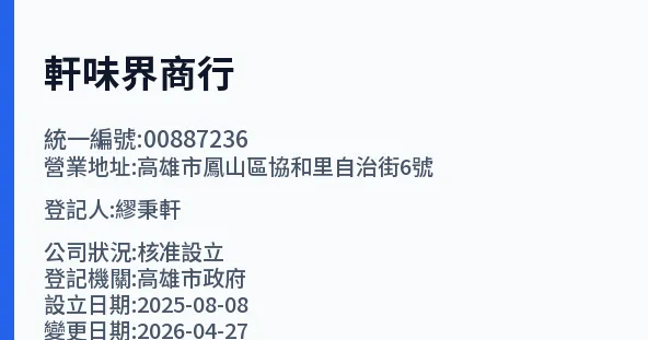 軒味界商行的照片-統編 00887236(高雄市) 公司登記資料與營業項目詳細圖表