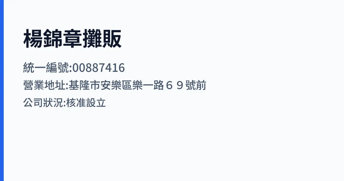 楊錦章攤販 - 統編 00887416(基隆市) 公司登記資料與營業項目詳細圖表