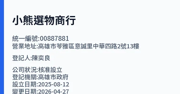 小熊選物商行的照片-統編 00887881(高雄市) 公司登記資料與營業項目詳細圖表