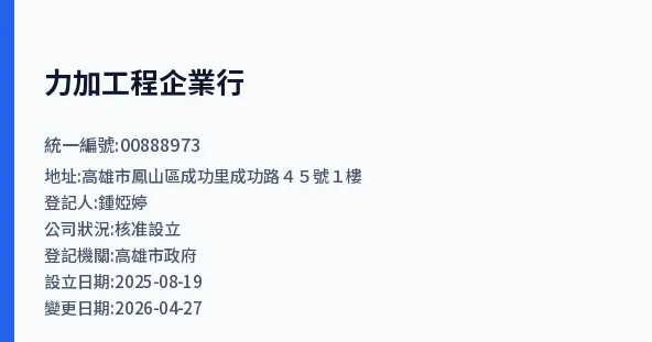 力加工程企業行的照片-統編 00888973(高雄市) 公司登記資料與營業項目詳細圖表