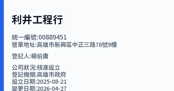 利井工程行的照片-統編 00889451(高雄市) 公司登記資料與營業項目詳細圖表