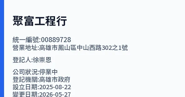 聚富工程行的照片-統編 00889728(高雄市) 公司登記資料與營業項目詳細圖表