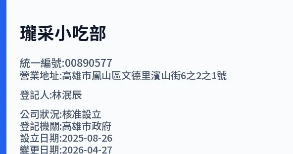 瓏采小吃部的照片-統編 00890577(高雄市) 公司登記資料與營業項目詳細圖表