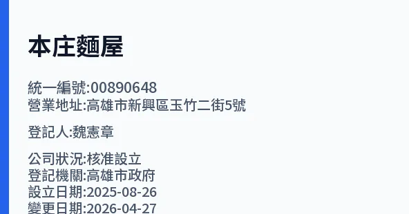 本庄麵屋的照片-統編 00890648(高雄市) 公司登記資料與營業項目詳細圖表