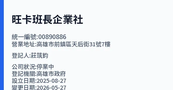旺卡班長企業社的照片-統編 00890886(高雄市) 公司登記資料與營業項目詳細圖表