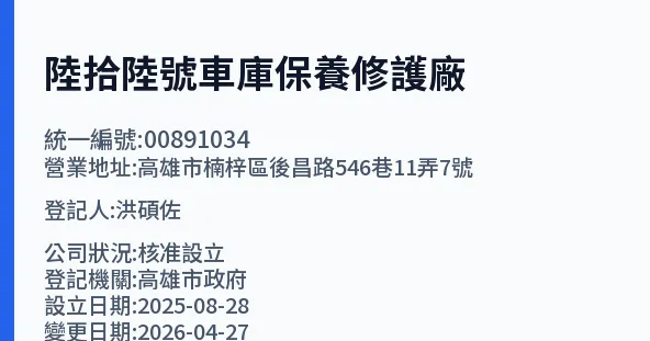 陸拾陸號車庫保養修護廠的照片-統編 00891034(高雄市) 公司登記資料與營業項目詳細圖表