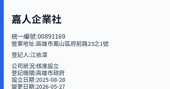 嘉人企業社的照片-統編 00891169(高雄市) 公司登記資料與營業項目詳細圖表