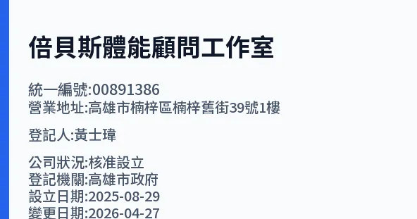 倍貝斯體能顧問工作室的照片-統編 00891386(高雄市) 公司登記資料與營業項目詳細圖表