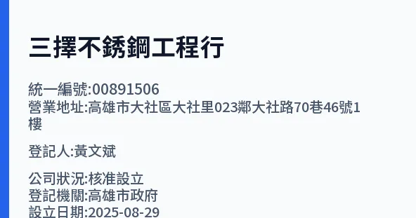 三擇不銹鋼工程行的照片-統編 00891506(高雄市) 公司登記資料與營業項目詳細圖表