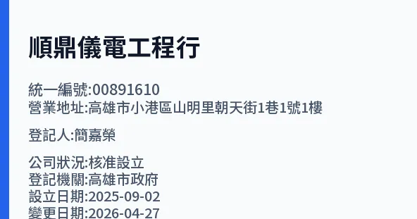 順鼎儀電工程行的照片-統編 00891610(高雄市) 公司登記資料與營業項目詳細圖表