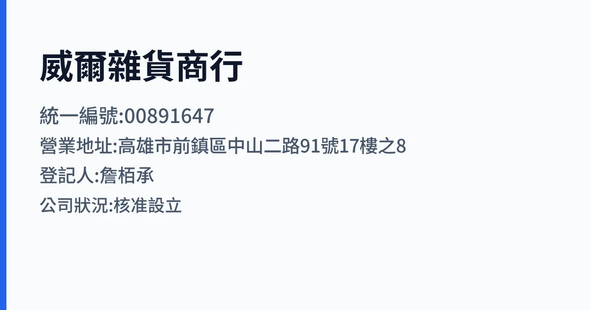 威爾雜貨商行 - 統編 00891647(高雄市) 公司登記資料與營業項目詳細圖表