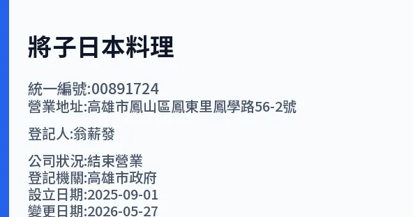 將子日本料理的照片-統編 00891724(高雄市) 公司登記資料與營業項目詳細圖表