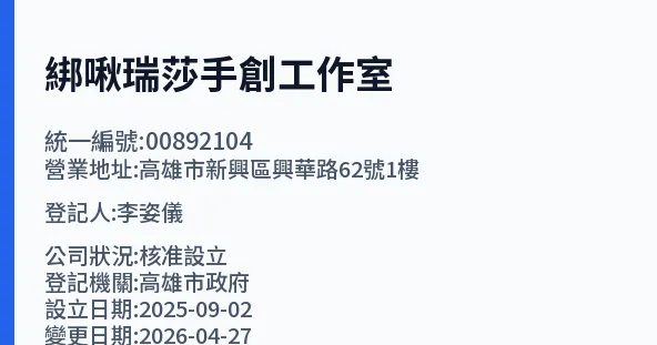 綁啾瑞莎手創工作室的照片-統編 00892104(高雄市) 公司登記資料與營業項目詳細圖表