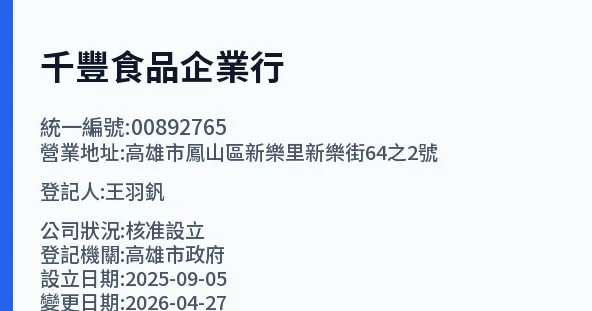 千豐食品企業行的照片-統編 00892765(高雄市) 公司登記資料與營業項目詳細圖表