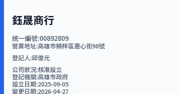 鈺晟商行的照片-統編 00892809(高雄市) 公司登記資料與營業項目詳細圖表