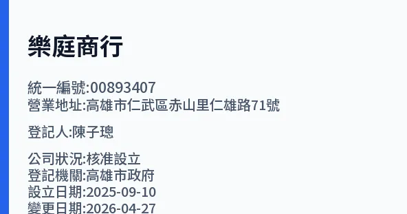 樂庭商行的照片-統編 00893407(高雄市) 公司登記資料與營業項目詳細圖表