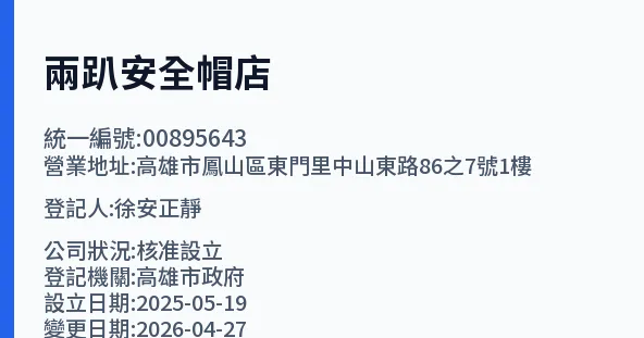 兩趴安全帽店的照片-統編 00895643(高雄市) 公司登記資料與營業項目詳細圖表