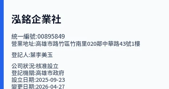 泓銘企業社的照片-統編 00895849(高雄市) 公司登記資料與營業項目詳細圖表